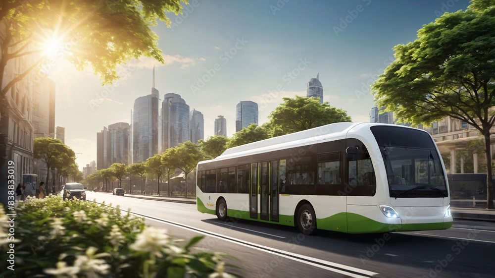 Electric modern green bus driving in green city downtown with trees ...