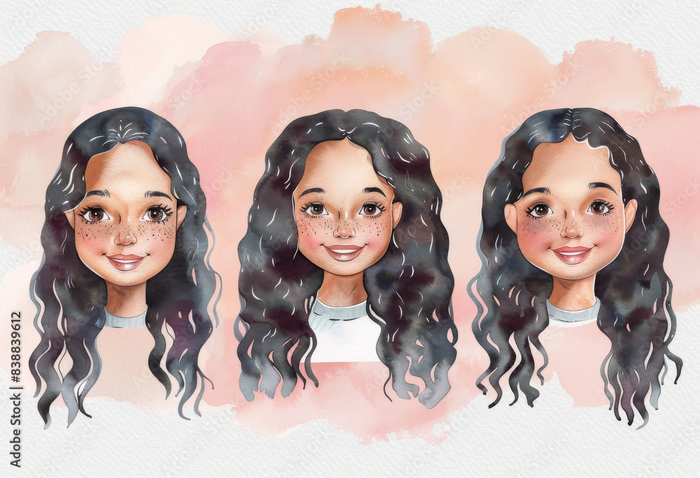 Delight in the charm of three 2D watercolor cartoon girls, each donning ...