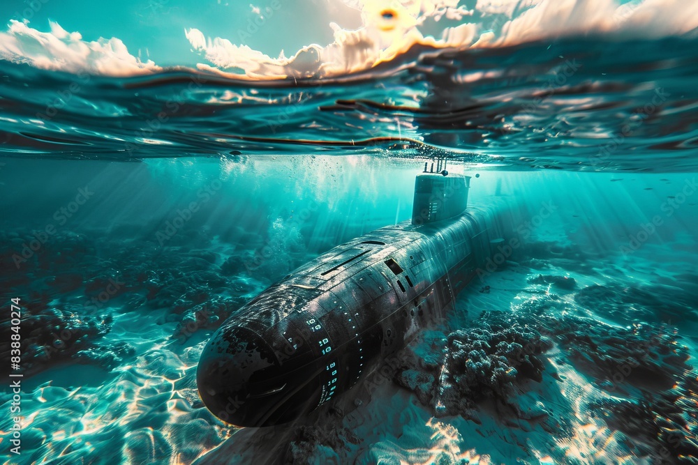 Naval submarine floating and half submerged in shallow water, Military ...