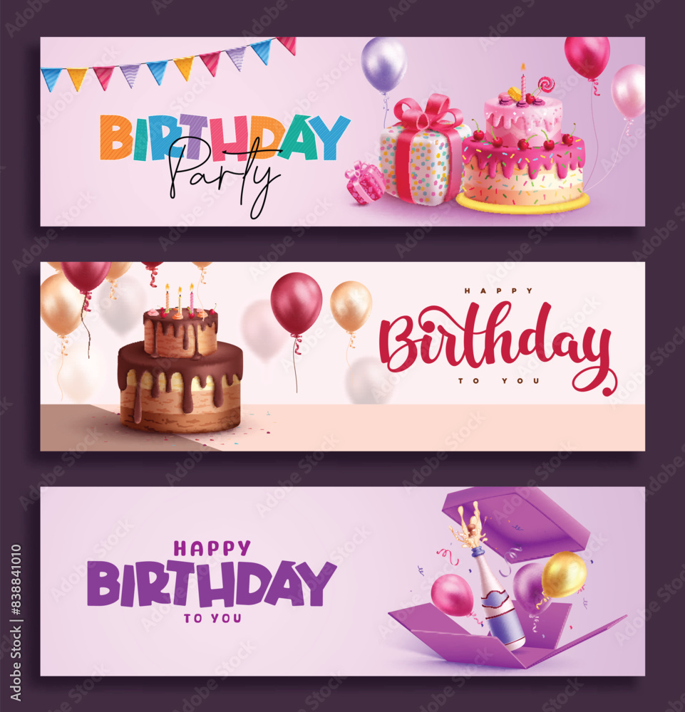Happy birthday greeting card vector banner set design. Birthday ...