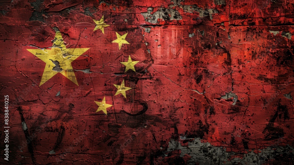 Weathered Chinese flag with a grunge texture, showcasing the iconic red ...