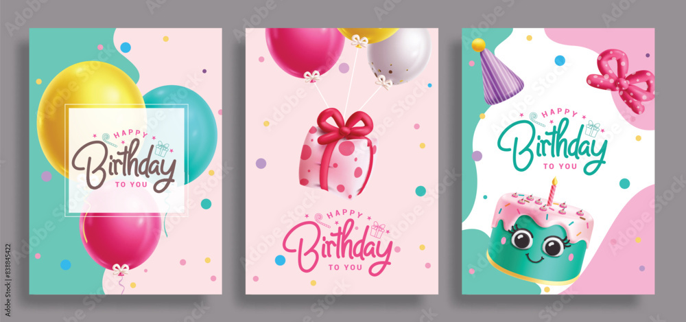 Birthday greeting vector poster set design. Happy birthday text in ...