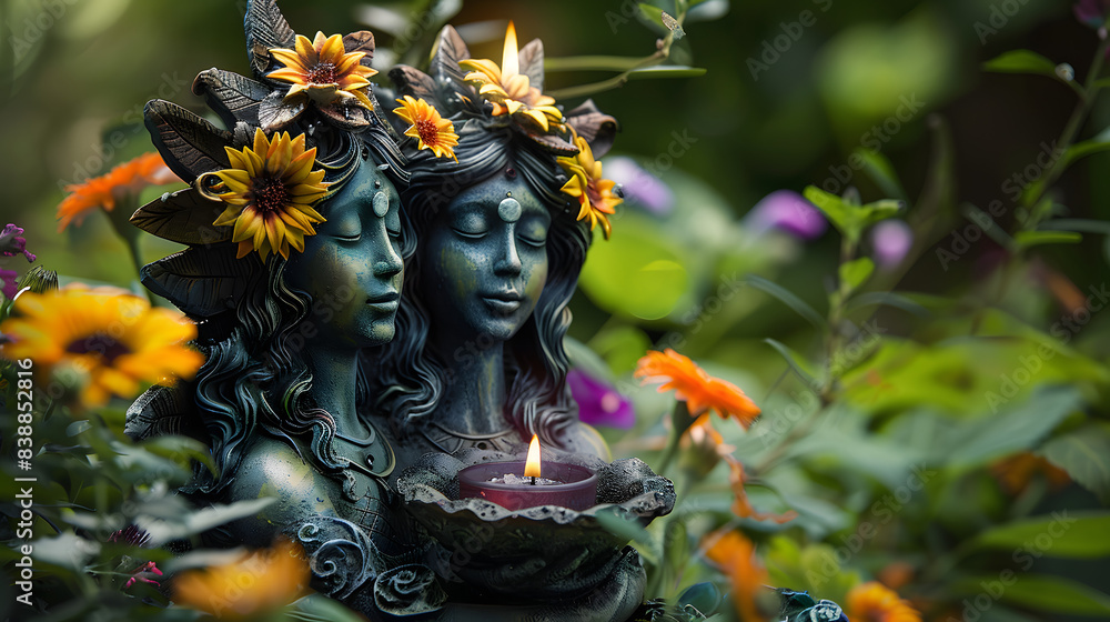 Triple Goddess figurine with candle and colorful flowers in garden ...