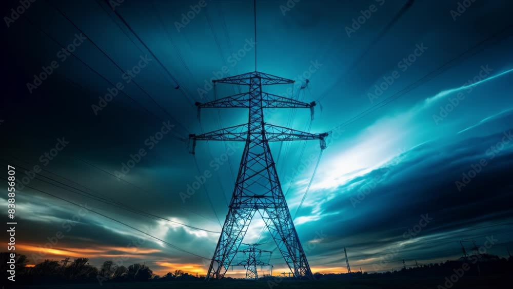 Tall tower with highvoltage power lines carrying electric current used ...