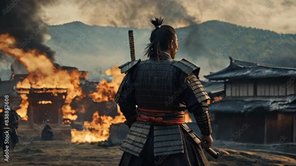 samurai standing after a battle, with a burning village in the ...