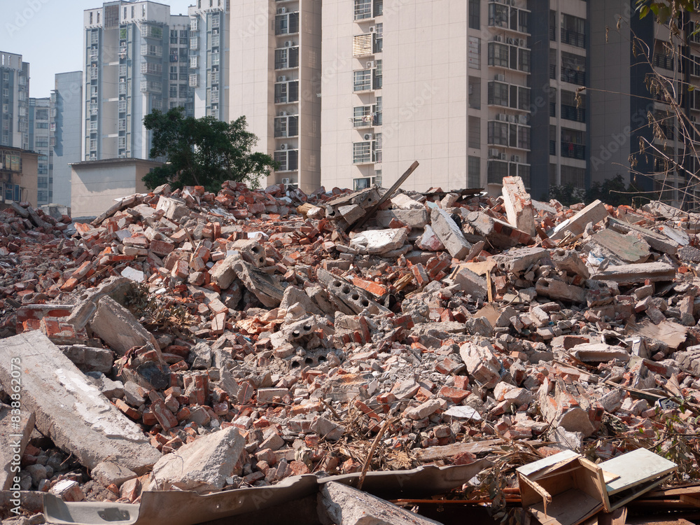 Piles of rubble and construction debris at a demolition site, with some ...