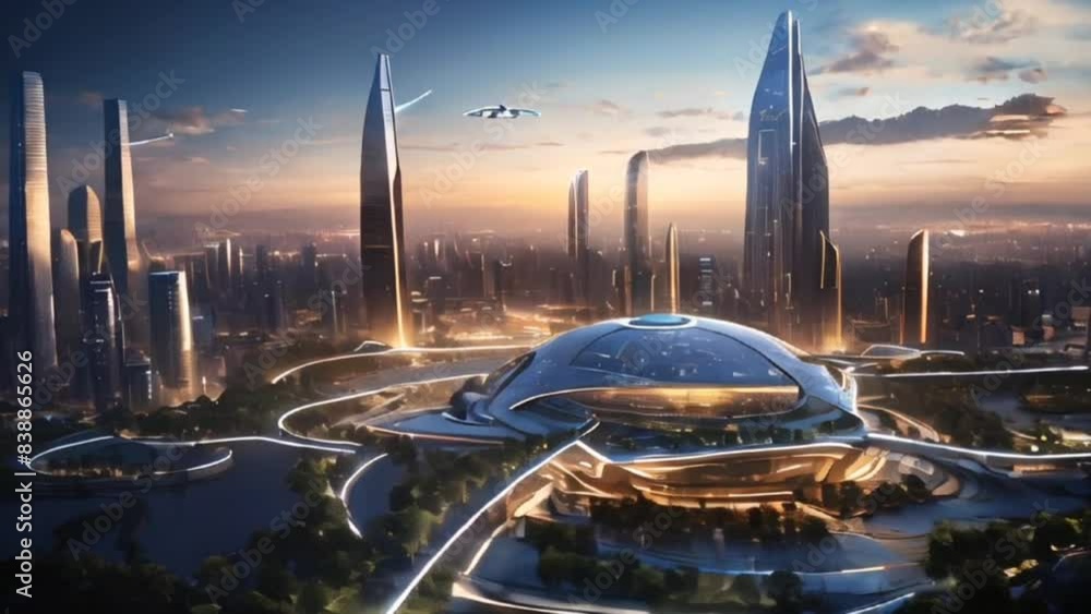 pImagine a futuristic cityscape where technology has rapidly advanced ...