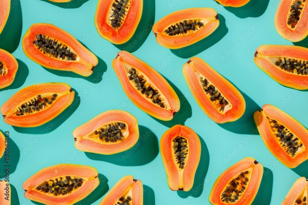 Fresh papaya halves arranged on a vibrant blue background, showcasing ...