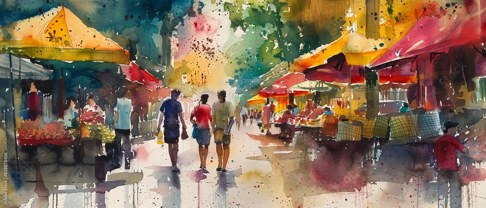 Lively watercolor market scene, clipart isolated, capturing the bustle ...