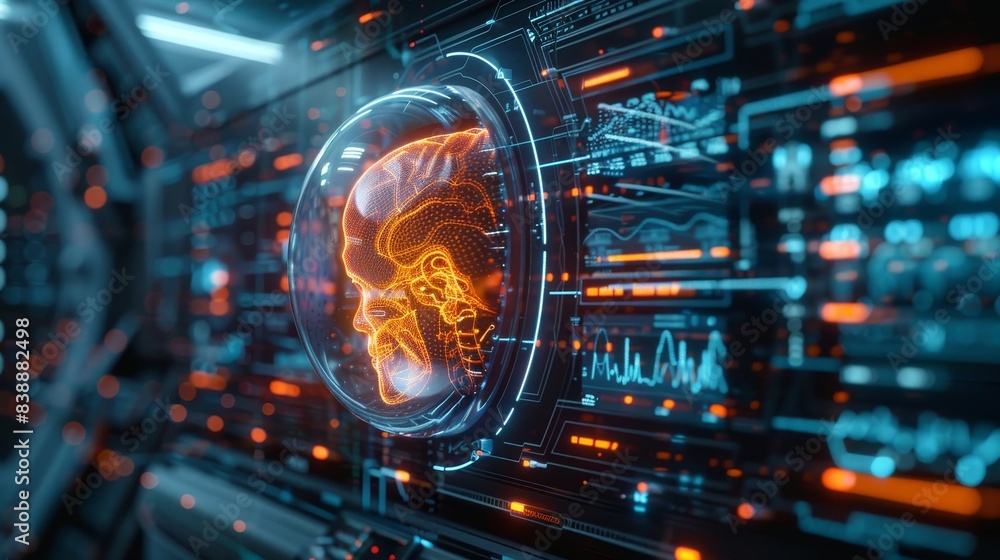 Modern CT scan technology, close-up, futuristic lights and interface ...