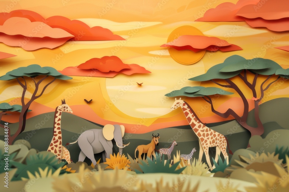 Papercraft art depicting a wildlife safari scene with giraffes ...