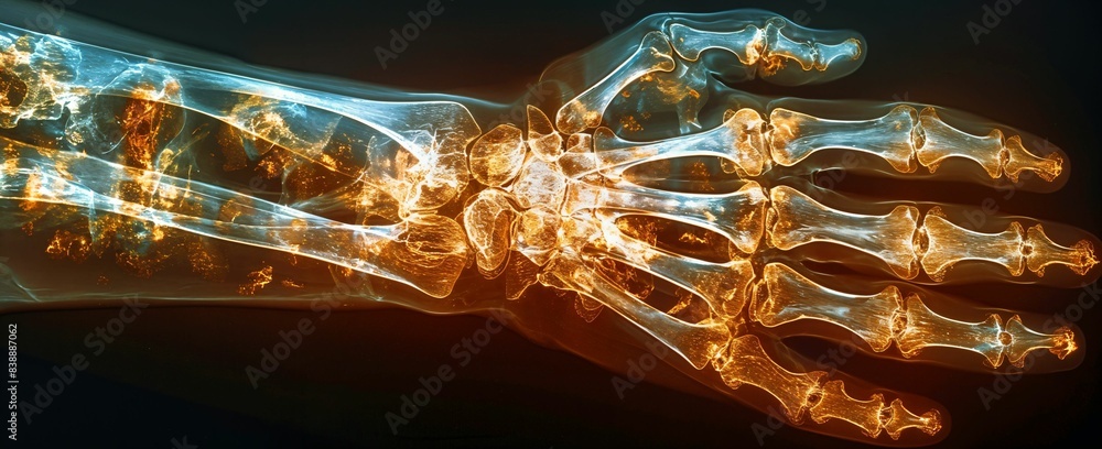 Forensic X-ray of a shattered arm, clear bone fragmentation, high ...