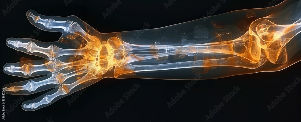 Forensic X-ray of a shattered arm, clear bone fragmentation, high ...