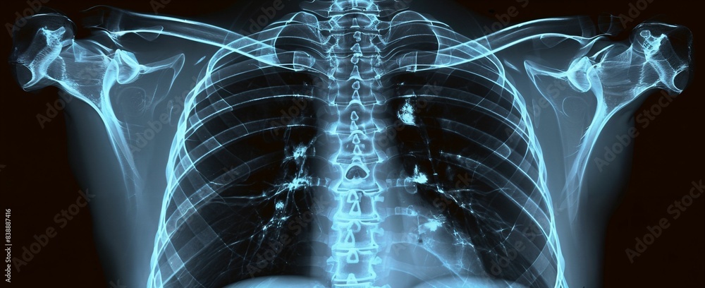 Forensic X-ray of broken ribs, clear injury depiction, high detail ...