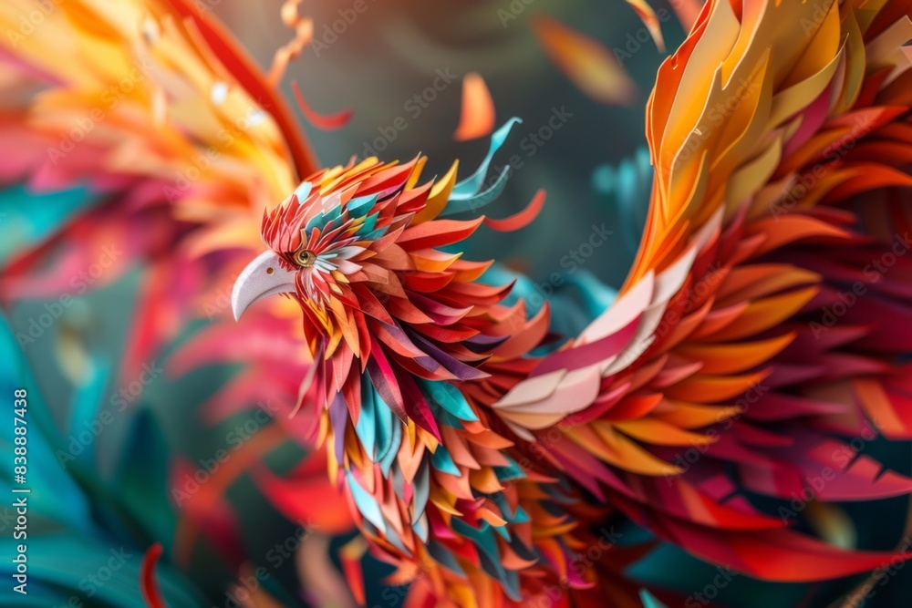 Papercraft art depicting a vibrant phoenix with intricate feathers and ...