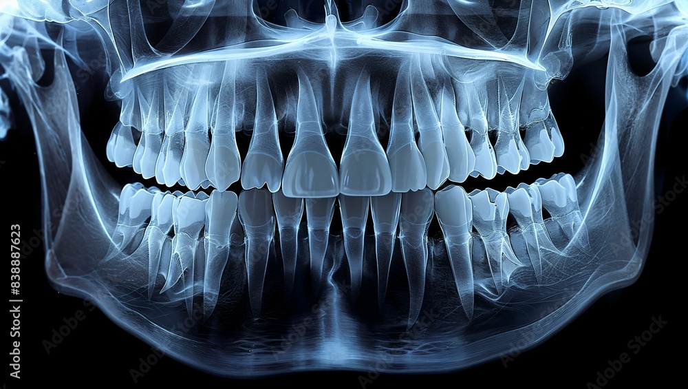Dental X-ray showing cavities and fillings, clinical setting, sharp ...
