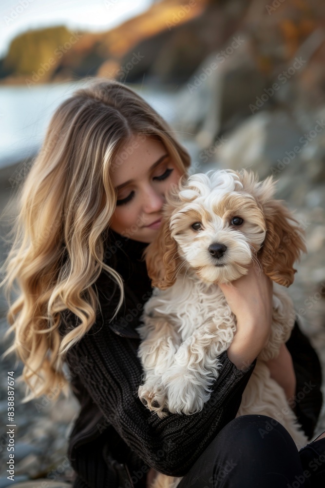 A fluffy white and gold Cavapoo puppy nestles in the arms of its happy ...