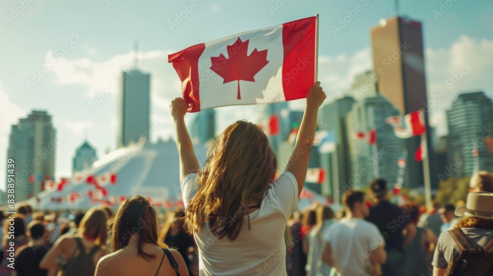 Canada day celebrating city. People with national flags. Background ...