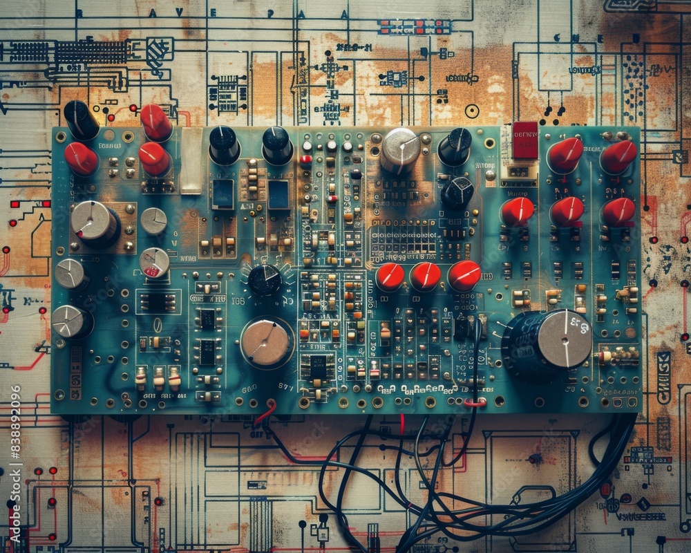 A vintage circuit board with retro components, wires, and a background ...