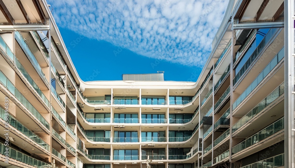 building with balconies, stairway to sky, modern office building with ...