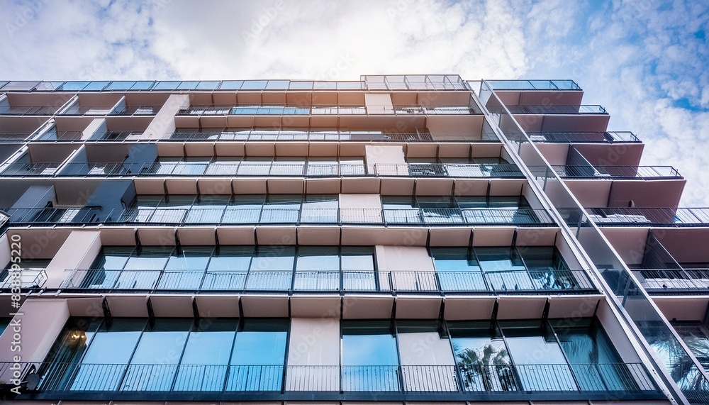 building with balconies, stairway to sky, modern office building with ...