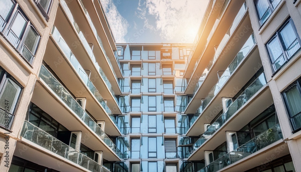 building with balconies, stairway to sky, modern office building with ...