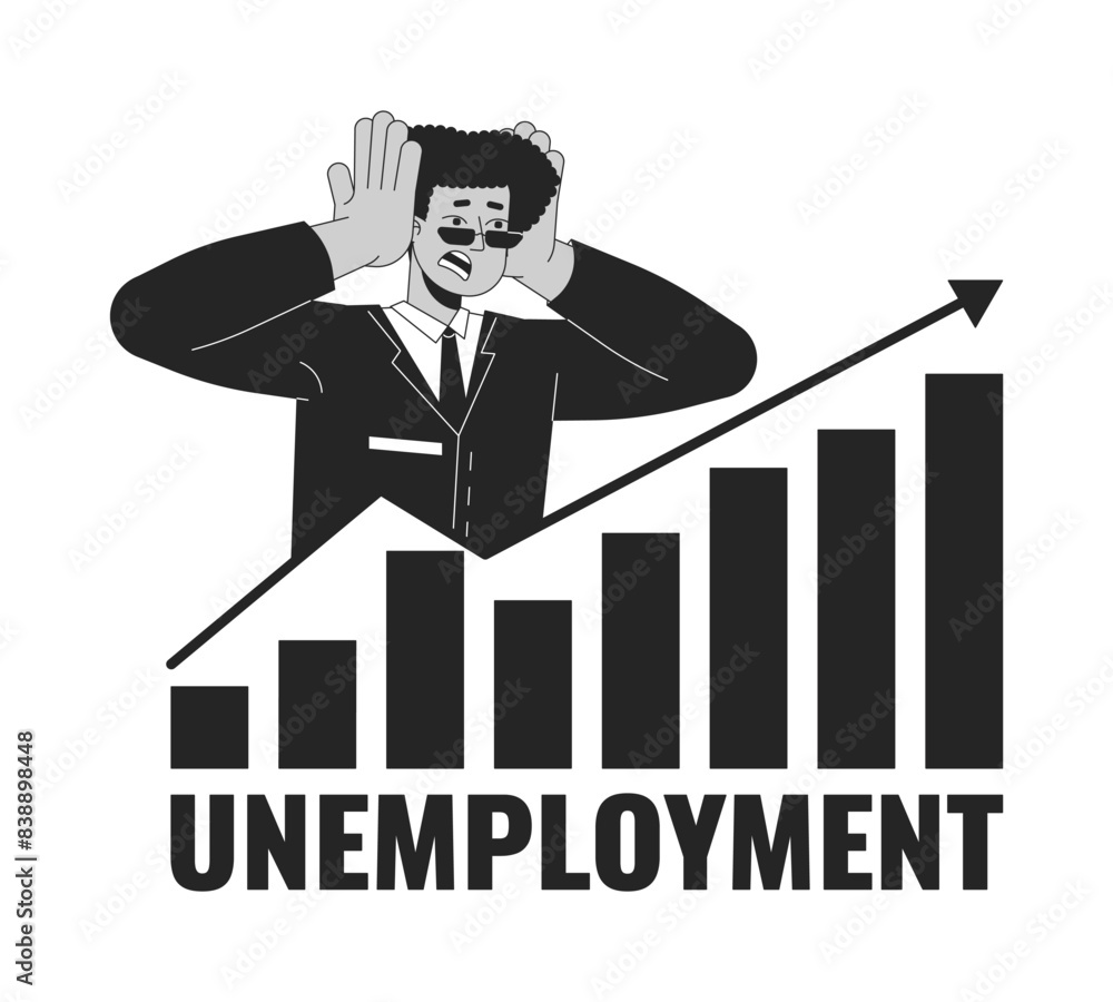 High unemployment rate black and white 2D illustration concept. Scared ...