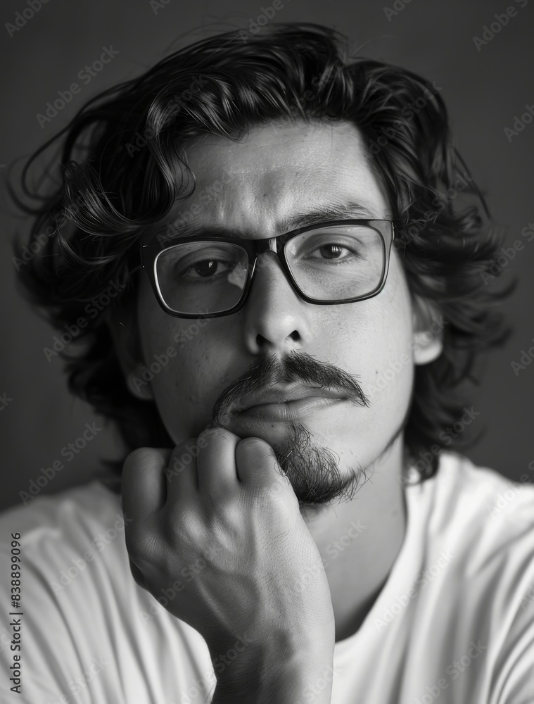 Portrait of a Brazilian man with square glasses, medium length hair and ...