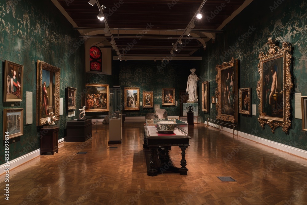 Museum's grand hall, adorned with dark green walls & paintings, housed ...