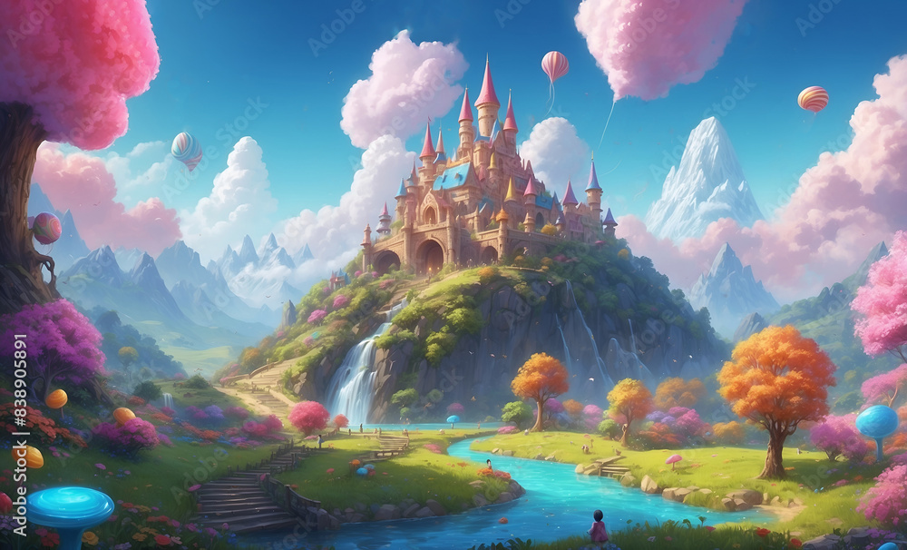 Fantasy fairy castle with cotton candy clouds, candy canes, chocolate ...