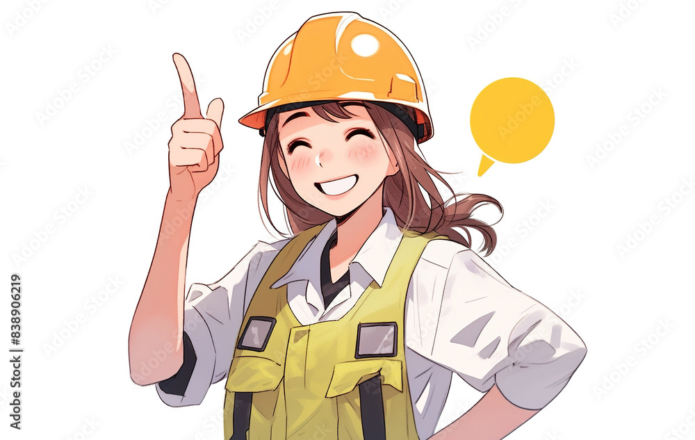 cute happy smiling anime girl worker in uniform and yellow safety ...