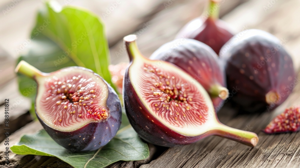 Whole figs and one fig sliced in half on top of teak garden table ...