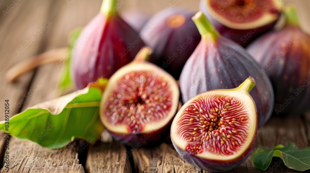 Whole figs and one fig sliced in half on top of teak garden table ...