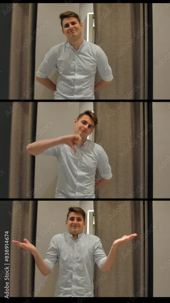 Set of videos of young guy showing different reactions on clothes in ...