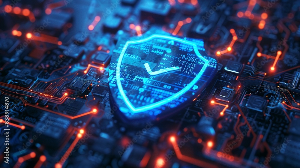 Blue checkmark on digital shield, photorealistic, high detail, neon ...