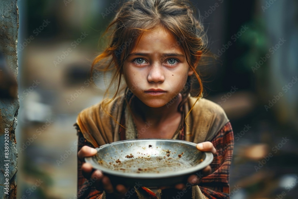 Poor, hungry neglected, dirty girl holding empty metal plate. Poverty ...