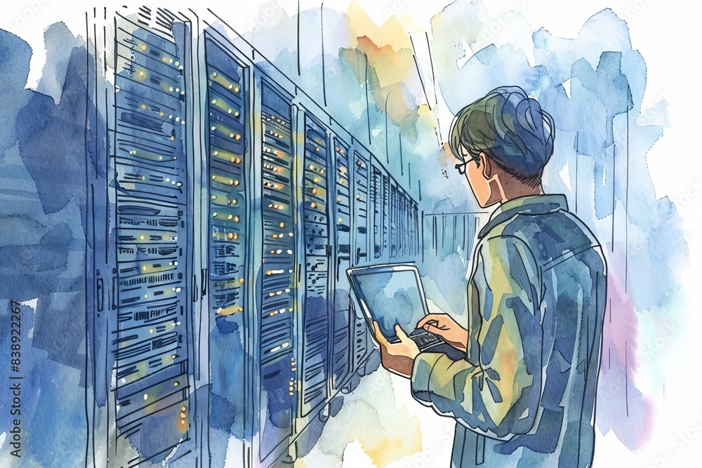 Watercolor painting of a technician with a tablet examining server ...