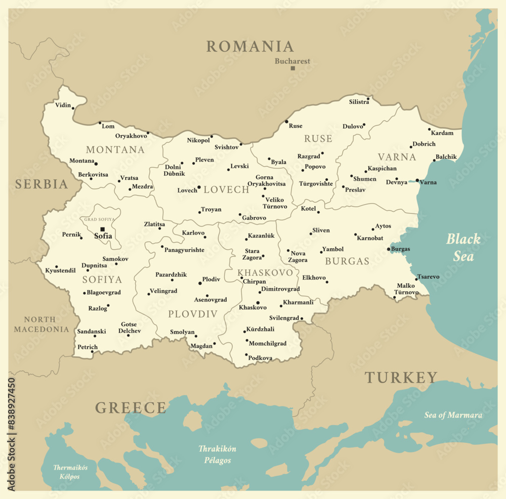 Bulgaria - detailed map with administrative divisions and capitals of ...