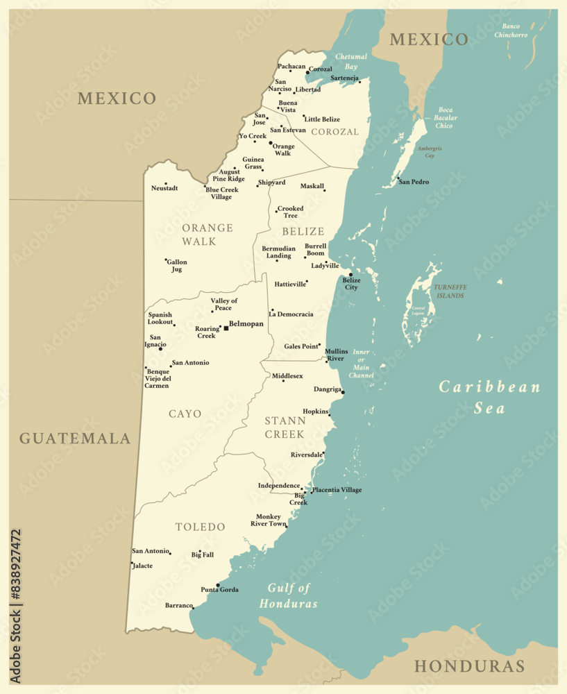 Belize - detailed map with administrative divisions and capitals of ...