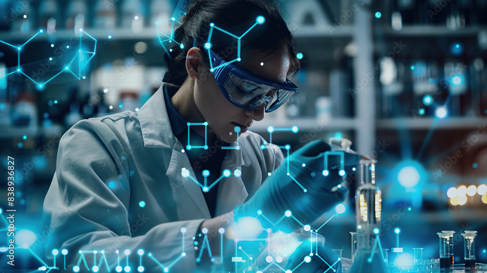 A scientist in a lab coat and goggles working with test tubes ...