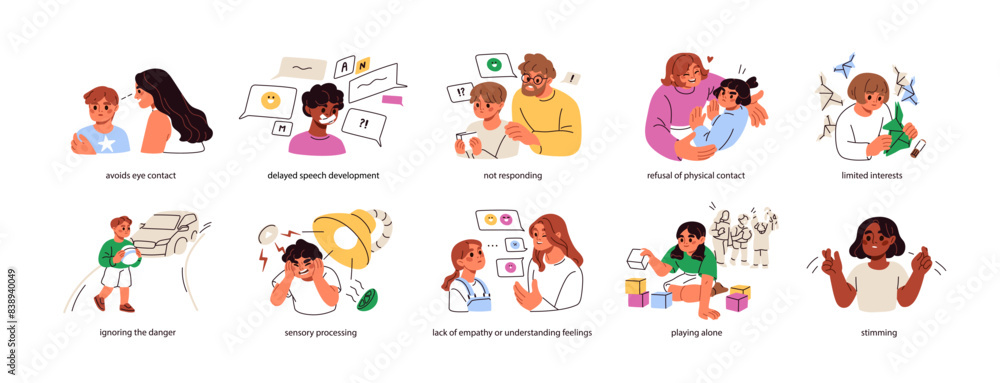 Autism signs set. Autistic behaviour, mental health disorder, cognitive ...