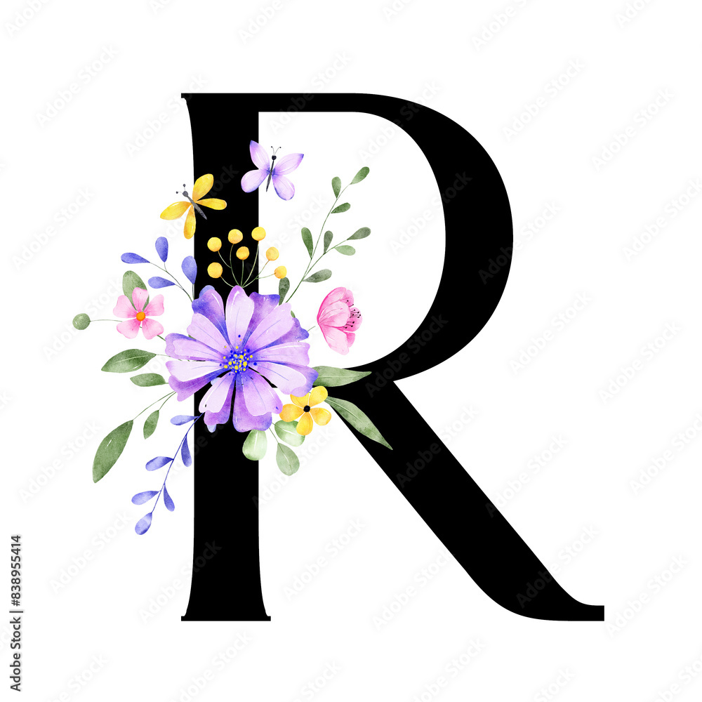 Letter R, floral monogram with watercolor flowers and leaf. Letterhead ...