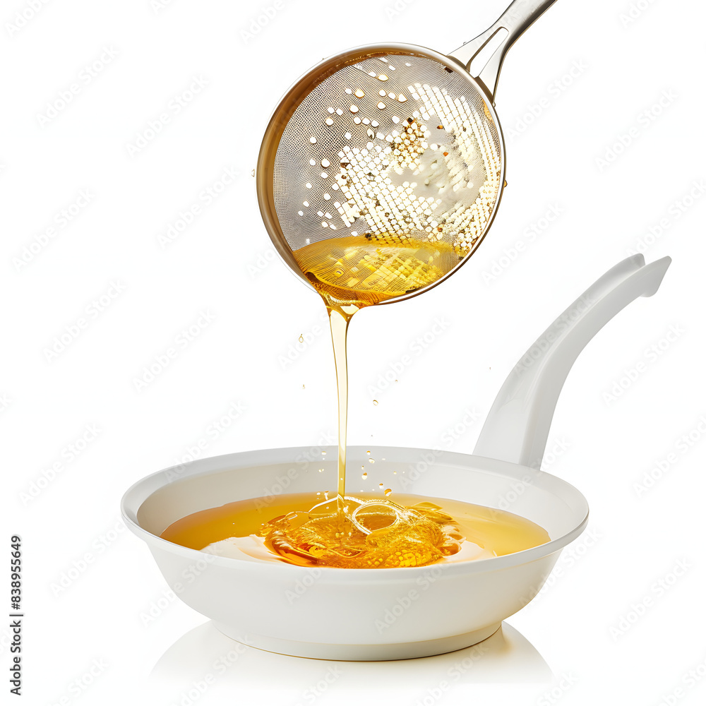 pouring used cooking oil from frying pan into colander isolated on ...