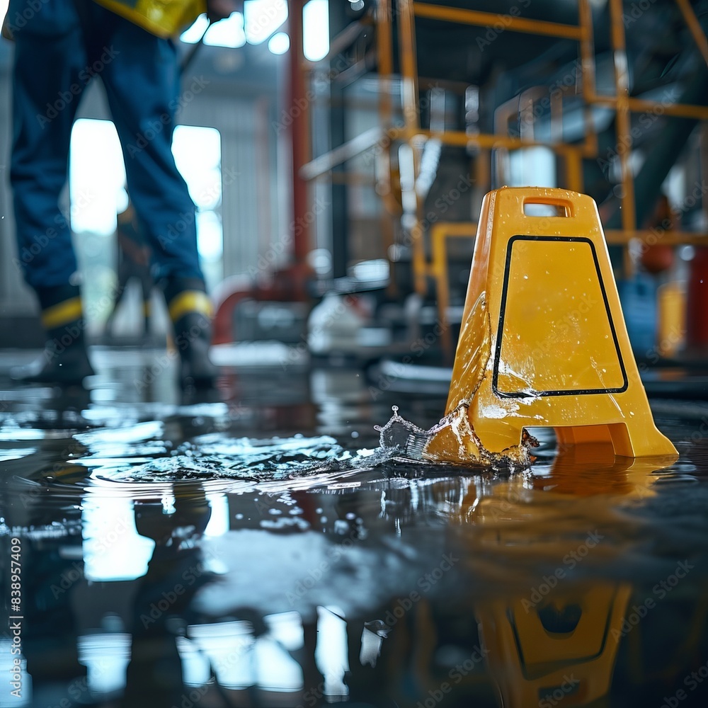 Wet floor sign on flooded industrial site, highlighting safety hazards ...