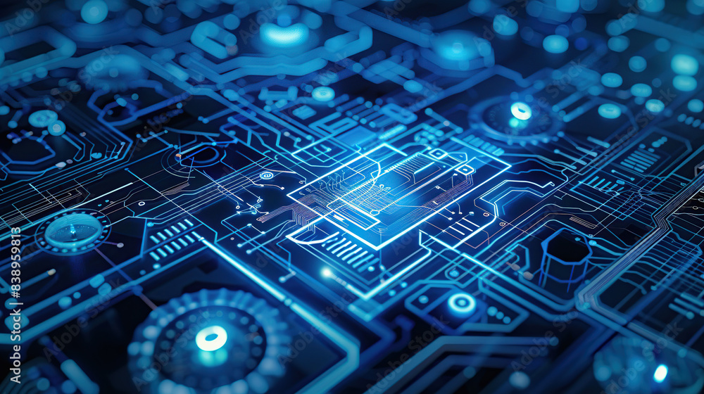 Blue digital technology background with mechanical elements and circuit ...