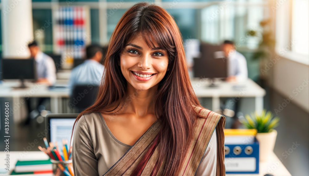 Portrait of an Indian woman wearing a traditional saree, smiling in a ...