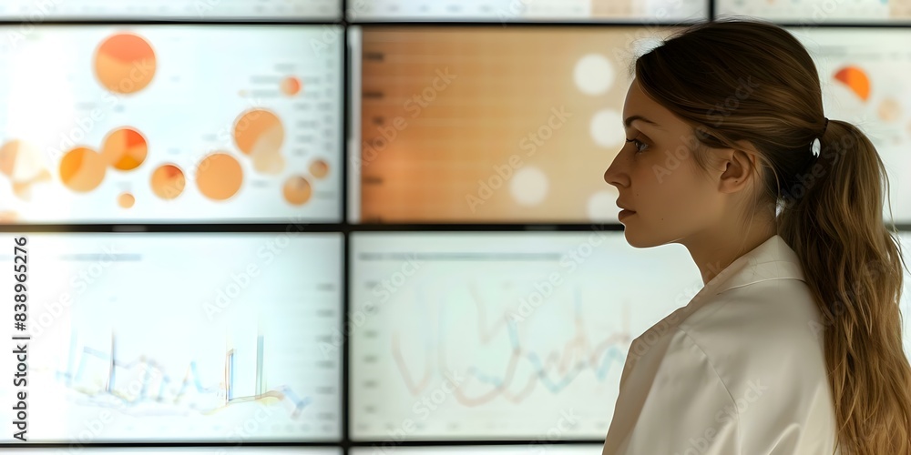 Young female data scientist analyzing risk management reports on large ...