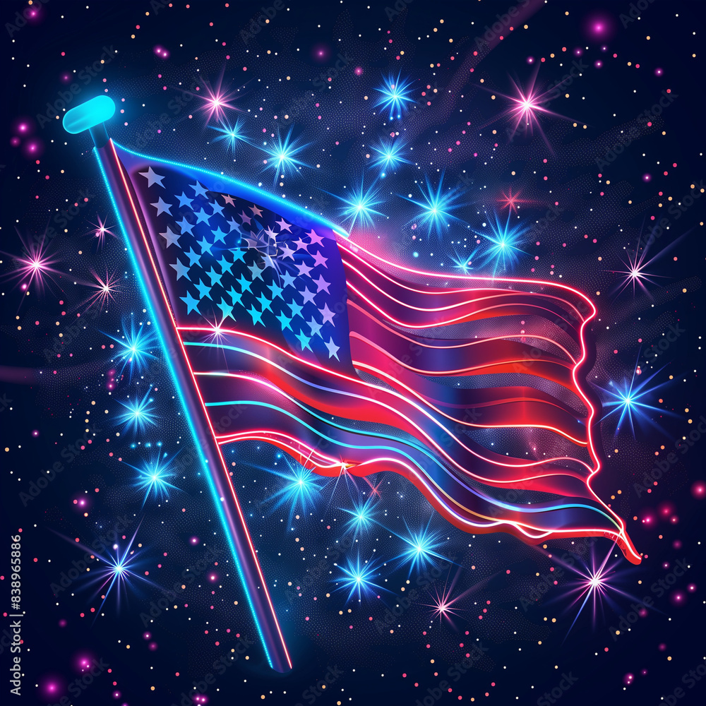 independence day, American neon flag with starry background Stock ...