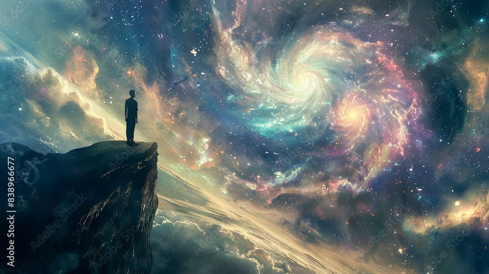 Ethereal digital art of a human figure meditating, surrounded by a luminous aura made of ancient ...