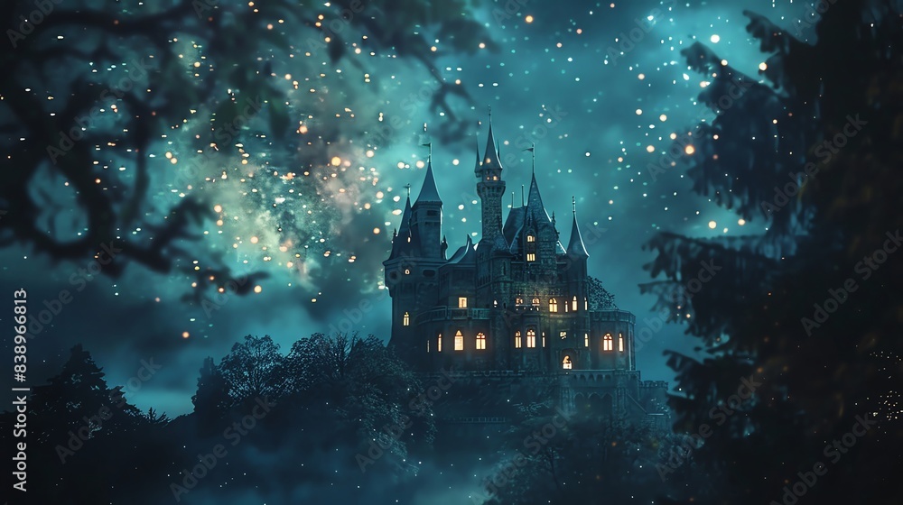 Fairy Tale Magic Castle with Glowing Windows and enchanted turrets, set ...